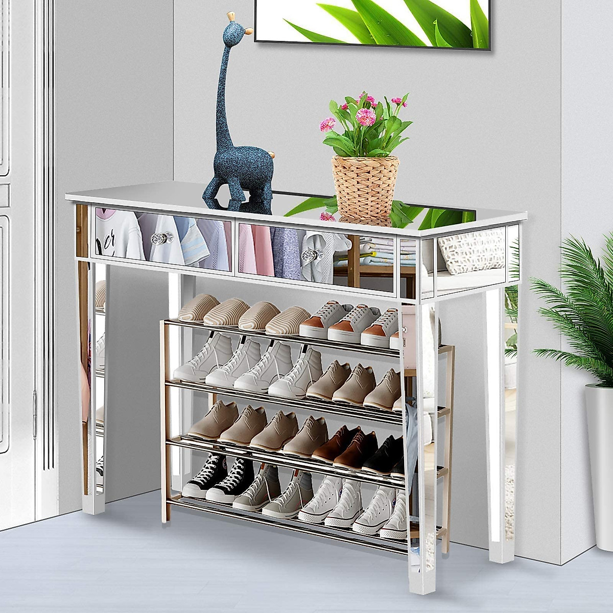 Mirrored Console Table with 2 Drawer, Silver Mirrored Makeup Dressing Table Vanity Desk, Modern Writing Desk Media Table for Bedroom Entryway Home Office