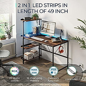 LINSY HOME Computer Desk 47 Inch with LED Light, Home Office Desk with USB Charger, Multifunctional PC Gaming Desk with 3-Tier Adjustable Storage Shelves & Cable Management, Brown