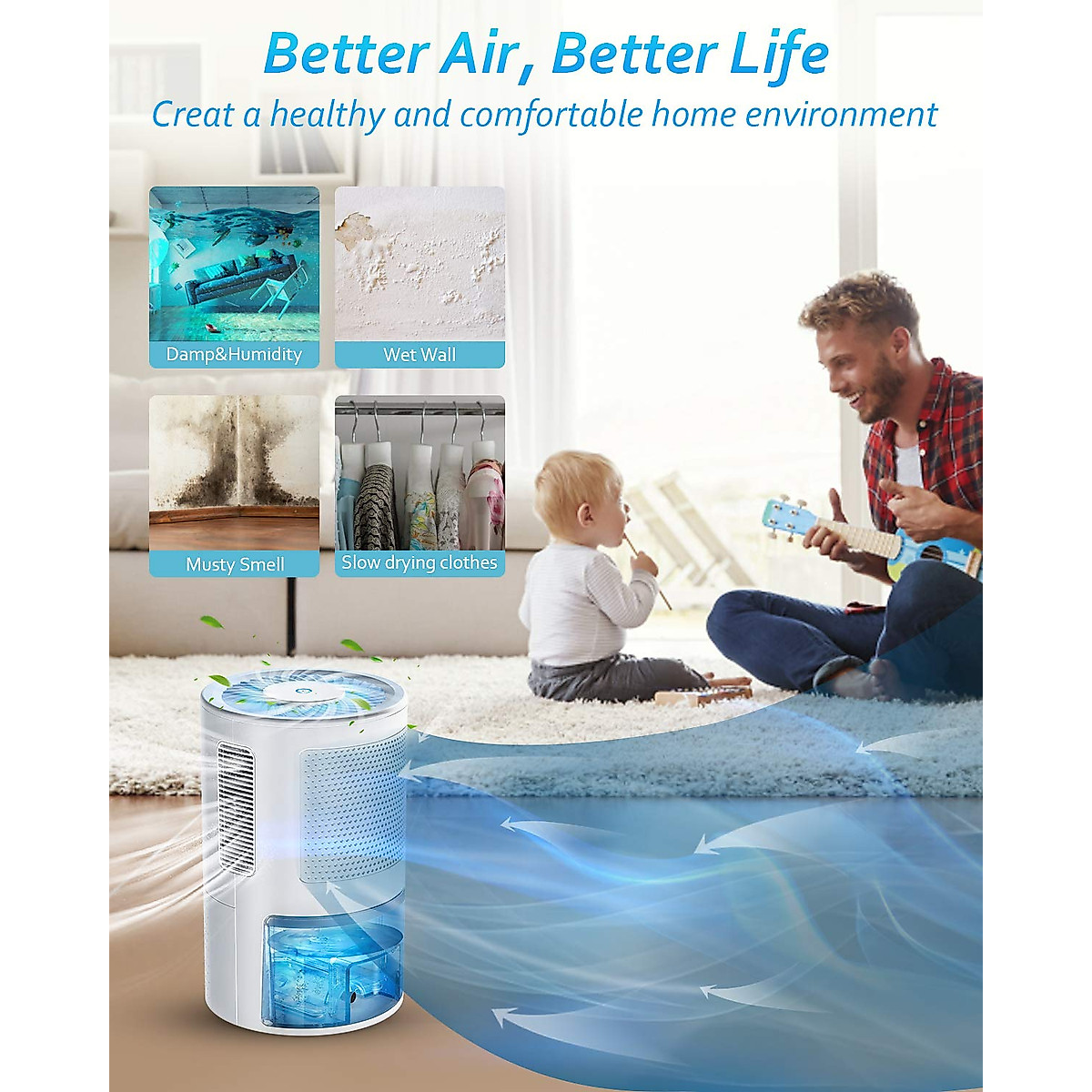 LONONEN Dehumidifiers - 5000 Cubic Feet Upgraded Large Dehumidifiers for Home Basements with Drain Hose, 61 oz Quiet Portable Dehumidifier Small for Room Bathroom Bedroom Closet RV Up to 450 Sq ft