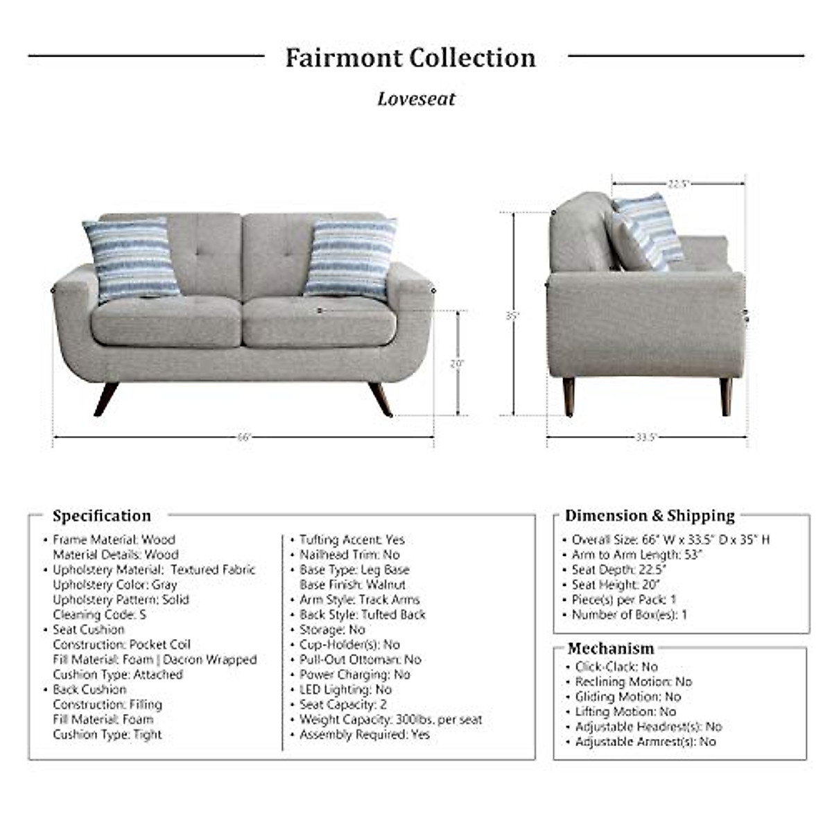 Lexicon Fairmont Living Room Loveseat, Gray