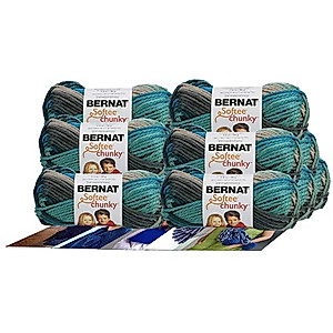 Bernat Yarn Softee Chunky Yarn - 12 Pack with Pattern Cards in Color (Deep Waters Ombre)