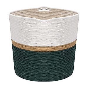 Navaris Cotton Rope Basket - 17.7" Diameter x 15" Height Woven Storage Basket with Handles for Laundry, Blankets - Dark Green/Natural/Off-White