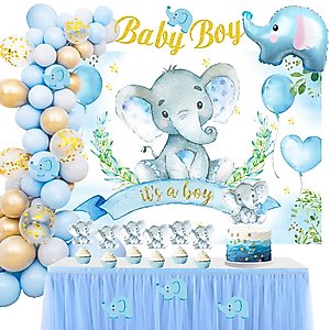 Blue Elephant Baby Shower Decorations for Boy, Baby Boy Shower Supplies, It's a boy Backdrop Banner Balloon Arch Kit Cake Topper Cupcake Topper Cutout for Baby Shower Decorations for Boy