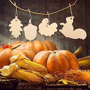 60 Pieces Thanksgiving Unfinished Wooden Ornaments Maple Leaves Pumpkin Wood Cutout Squirrel Acorn Blank Wooden Ornament for Thanksgiving Fall Party DIY Decor Supplies, 6 Styles
