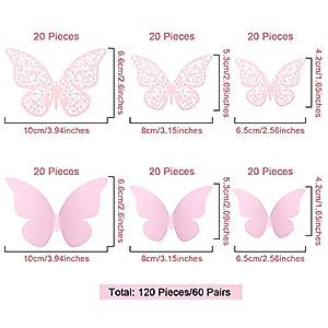 120 Pieces 3D Layered Butterfly Wall Decor Removable Butterfly Stickers Hollow Mural Decals Decorative Wall Art Crafts for DIY Baby Room Home Wedding Decor (Pink)