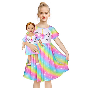 MHJY Doll and Girl Matching Nightgowns Unicorn Pajamas Night Dress for Girls and American 18" Girl Doll Clothes,8-9 Years,Rainbow