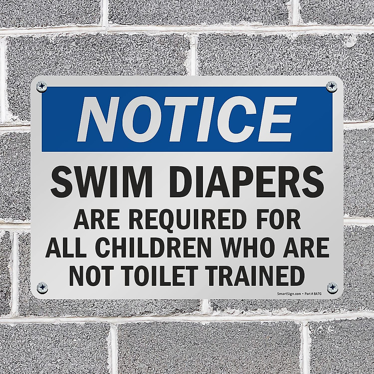 SmartSign 10 x 14 inch “Notice - Swim Diapers Are Required For All Children Who Are Not Toilet Trained” Sign, Digital Printing, 55 mil HDPE Plastic, Blue, Black and White, Made in USA