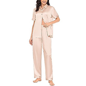 SWOMOG Silk Pajama Set for Womens Solid Satin Loungewear Short Sleeve Pj Set Button Down 2 Pcs Nightwear with Pants with Pockets Champagne