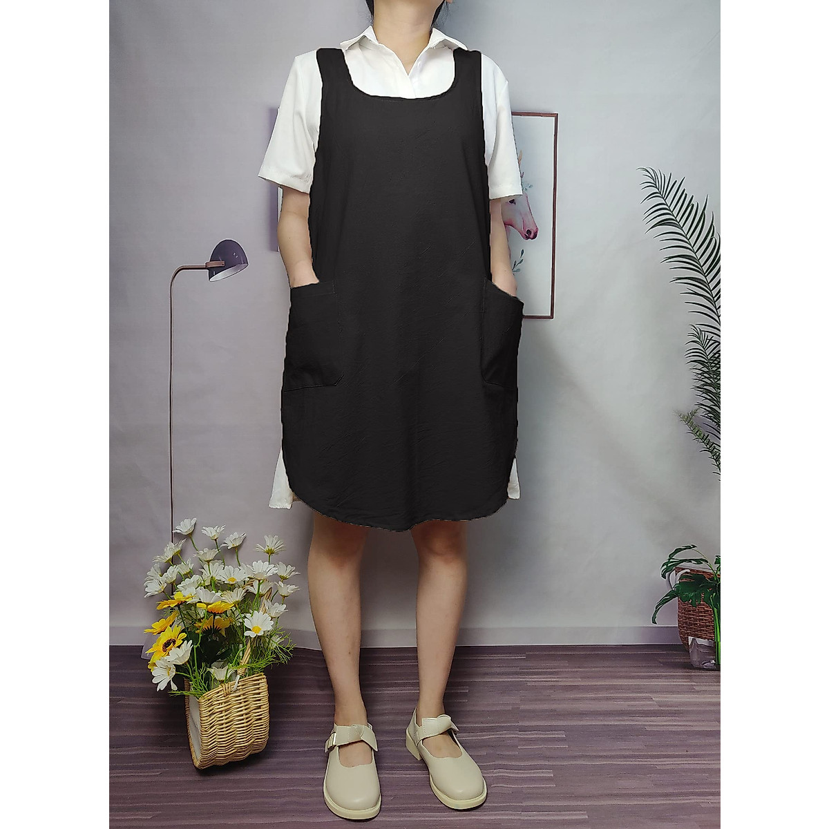 Cotton Cross Back Aprons Solid Color Cooking Kitchen Garden Smock for Women Girls with Pockets (Black, 37Wx 32L)