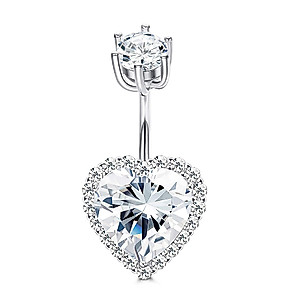 Sllaiss 925 Sterling Silver Heart Belly Button Rings for Women Men CZ Love Navel Barbell Studs Piercing Screw Navel Bars Body Piercing Jewelry 14G