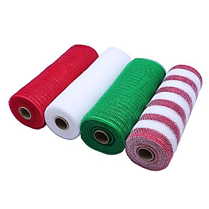 10 inch x 30 feet Each Roll-YYCRAFT Christmas Decorative Metallic Foil Poly Mesh-4 Rolls for Crafting Wire Wreath Making Craft(Red, White, Emerald Green, Red/White)