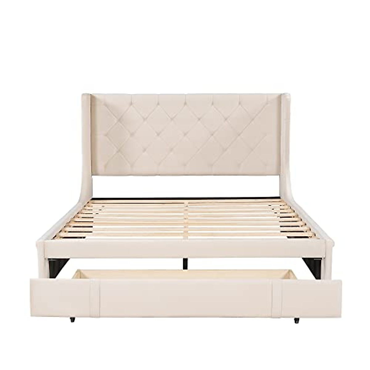 Livavege Queen Bed Frame with Wingback Headboard and Storage Drawers, Velvet Button Tufted Upholstered Platform w/Wooden Slats Support, Queen Size Bedframe No Box Spring Needed, Easy Assembly