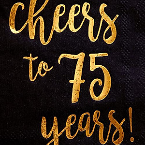50-Pack Cheers to 75 Years Napkins for 75th Birthday Decorations and Party Supplies for Men and Women, 3-Ply Black Cocktail Napkins with Gold Cursive Font (5x5 In)