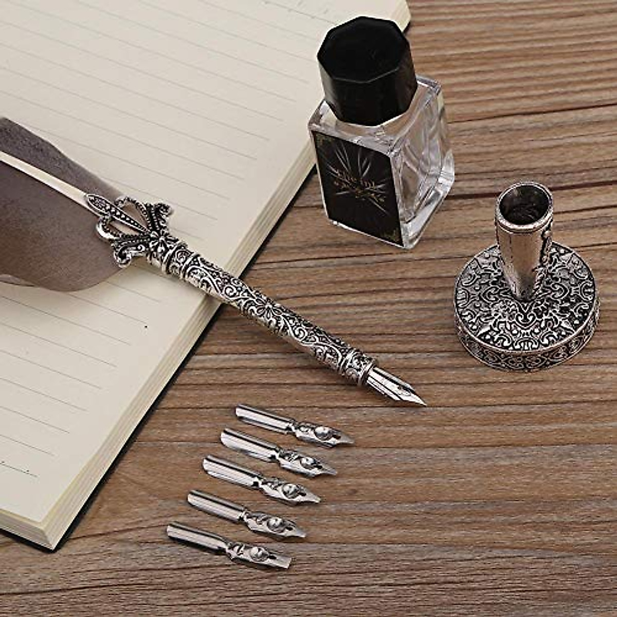 FTVOGUE English Calligraphy Retro Carved Feather Dip Quill Pen Writing Set Stationery Gift Box with 5 Nibs and 1 Ink Bottle(Black)