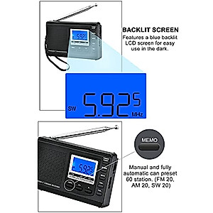 HanRongDa AM FM Shortwave Radio Portable with Excellent Reception and Backlit, Battery Operated Radios with Alarm Clock and Sleep Timer, Small Digital Tuner for Camping, Fishing, Traveling HRD-310