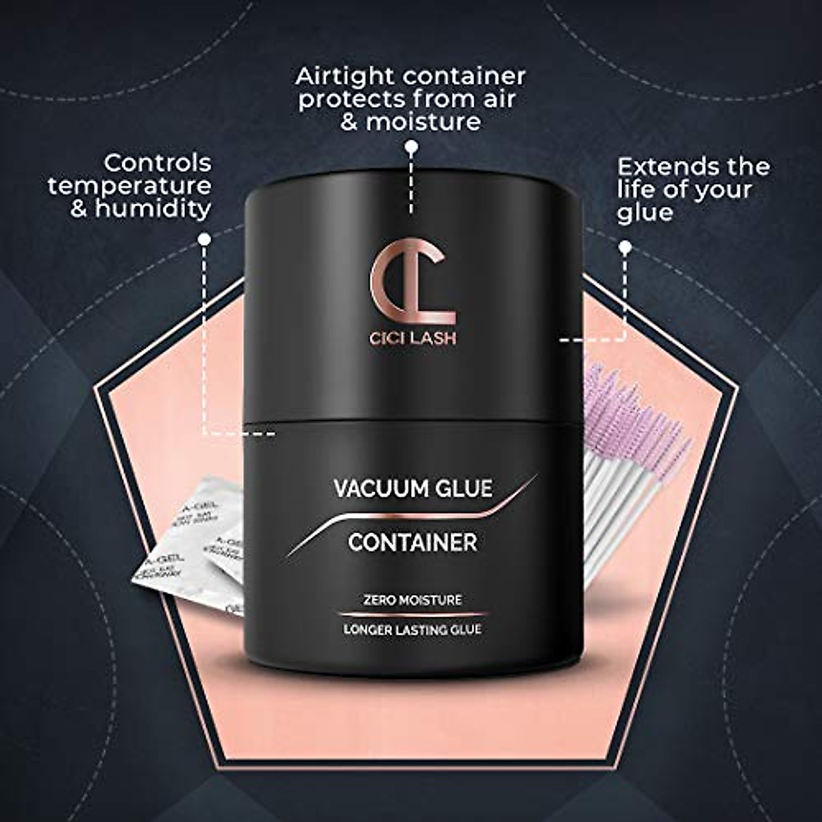 Lash Glue Holder Storage Container For Eyelash Extensions Adhesive & 100 Mascara Brushes | Vacuum Sealed Airtight Jar/Tank/Box/Bottle | Professional Lash & Nail Salon Supplies & Accessories