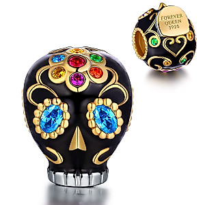FOREVER QUEEN Skull Charms fit Charms Bracelets, 925 Sterling Silver Sunflower Dia De Los Muertos Bead Multicolor CZ Charm for European Bracelets& Necklace, Best Halloween Gifts for Women