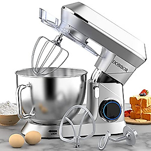 9.5QT Standing Mixer, DOBBOR 7 Speeds 660W Tilt-Head Kitchen Dough Mixer, Electric household mixers with Dough Hook, Whisk, Beater, Splash Guard & Mixing Bowl for Baking - Silver