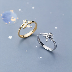 CZ Airplane 925 Sterling Silver Statement Ring for Women Girls Adjustable Expandable Open Wrap Finger Rings Comfort Fit Dainty Cute Dainty Airline Flight Jewelry Gift Souvenir