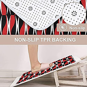 Red Black Geometric Shower Curtain Sets with Toilet Lid Cover and Non-Slip Rugs, Zigzag Chain Round Wave Simple 4 Pcs Shower Curtains for Bathroom, Modern Abstract Bathroom Decor