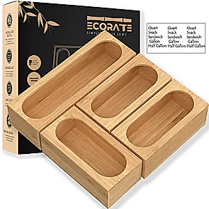 ECORATE 4- Piece Bamboo Ziplock Bag Organizer for Drawer, Baggie Organizer and Ziploc Bag Storage Organizer for Gallon, Quart, Sandwich & Snack Bags, Storage Bag Organizer for Kitchen Drawer