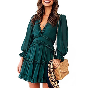 Dokotoo Womens Cute Summer Spring Casual Sexy Deep V Neck Ruffle Chiffon Lantern Long Sleeve Elegant Boho Hawaiian Flowy Mini Short Skirt Dresses for Women Party Party 2024 Green Small