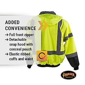 Pioneer Hi Vis Safety Bomber for Men - Waterproof, Reflective, ANSI Class 3, Winter Rain Jacket with Detachable Hood