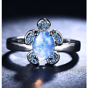HUKQBUNX 925 Sterling Silver Blue Opal Lovely Little Turtle Innovative Design Beach Wave Vacation Wave Ring Women's Precious Jewelry Size 6-10 (Size 9)