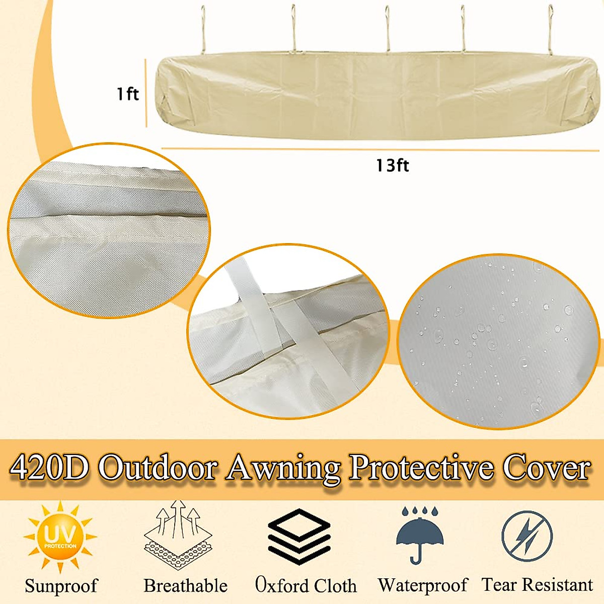 Awning Protective Cover - Rain Canopy Storage Bag 420D Outdoor Shade Umbrellas Accessories Fit 13 x 10 ft Retractable Awning (Beige)