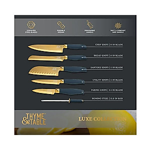 Generic Beautiful 7-Piece Slim Block Knife Set with Gold Blades and Blue Block