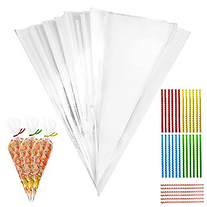 Pack of 100 Sweet Bags, 25 x 13 cm, Candy Bar Bags, Cone Bag, Cellophane Bags with 100 Twist Ties, Gift Bags for Sweets, Chocolate, Sweets, Biscuits