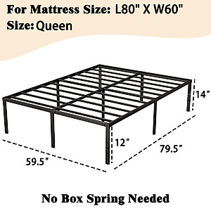 Jebosam Queen Bed Frame No Box Spring Needed 14 inch Heavy Duty Metal Platform Steel Support 2500 lbs Bed Frame Queen Size Non-Slip Noise Free Black Metal Bed Frame Queen Size