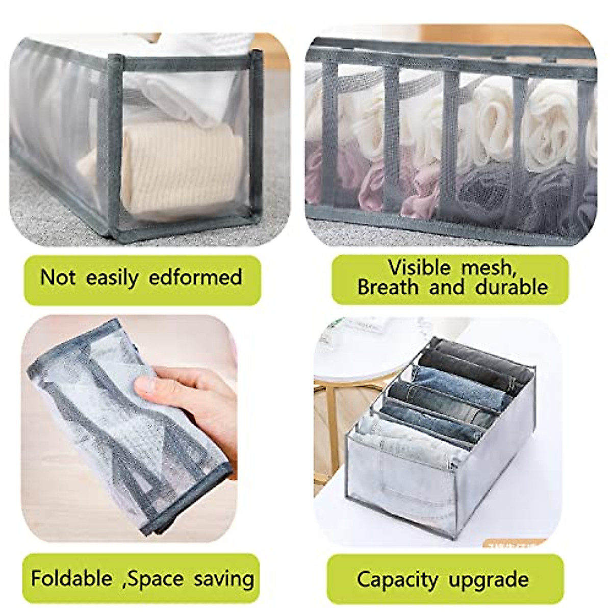 6 Pcs Extra large Drawer Organizers For Clothing,7 Gird Washable Wardrobe Clothes Organizer For Mesh Foldable Closet Dividers Nylon Fabric Storage Box for jeans,underwears,Leggings,pants,socks(Gray)