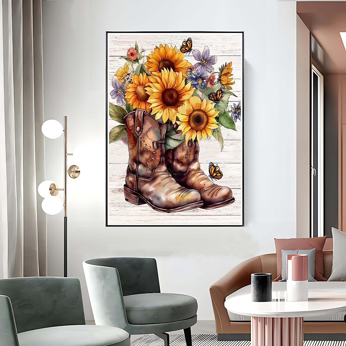 ZQEATRY Boot Diamond Painting Kits for Adults,5D Butterfly Sunflower Flowers Diamond Art Kits for Beginners,DIY Full Drill Diamond Gem Art with Painting Kits for Home Wall Decor 12 x 16 Inch