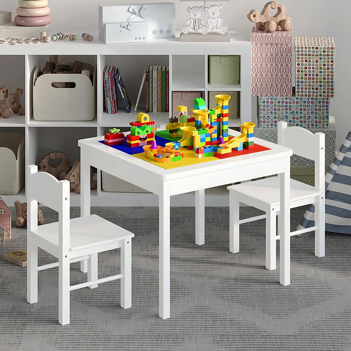 4NM 3 in 1 Kids Table Set for 2, Children Table and Chairs, Toddler Play Activity Table with Hidden Storage Wood Building Block Table Desk for Ages 3-7- Color White