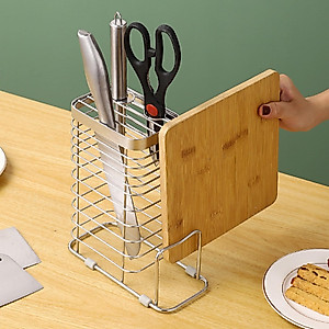 Hemoton Stainless Steel Knife and Cutting Board Stand, Knife Block Holder, Kitchen Knife Holder Storage Organizer, Kitchen Utensils Holder, Cutting Board Rack, Pot Pan Lid Holder for Counter, Cabinet