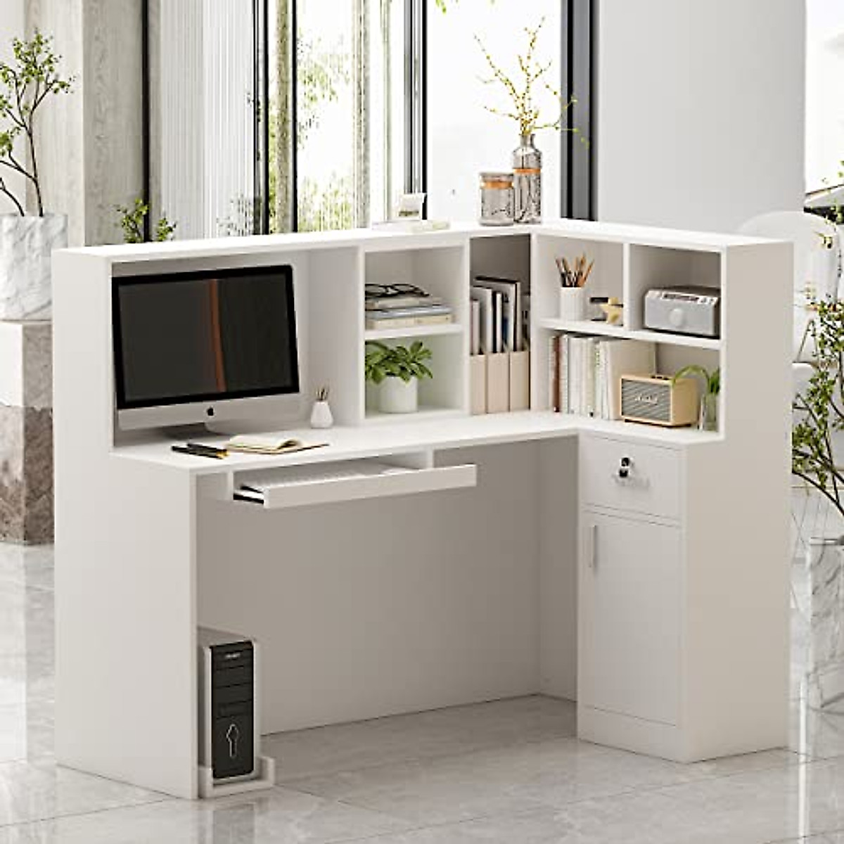 AIEGLE Reception Desk with Counter Drawers & Storage Shelves, L-Shaped Reception Counter Table for Salon Reception Room Checkout Office, White (55.9" L x 32.3" W x 48.4" H)
