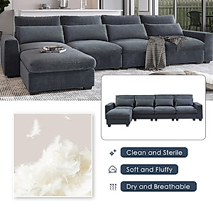WILLIAMSPACE 129.9" Sectional Sofa for Living Room, Large L-Shaped Sofa Couch with Ottoman, Feather Filled 4 Seat Upholstered Convertible Modular Sofa with Waist Pillows - Dark Grey