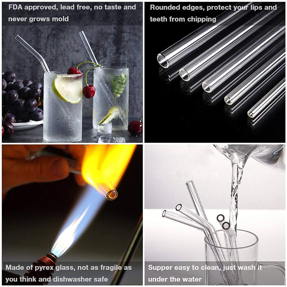 Reusable Glass Drinking Straws, Healthy Boba Smoothie Straws, ECO Friendly - BPA Free, 8.7" x 14mm / 10mm / 6mm, 6 Pack with Cleaning Brush for On The Go