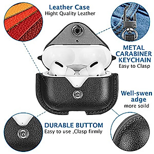 KMMIN Leather AirPods Pro 1 & 2 Case with Secure Snap Keychain,4 in-1 AirPods Pro Accessories Set with AirPods Pro 2019/2022 Protective Case Cover/Storage Bag/Anti-Lost Strap/Clean Brush,Black