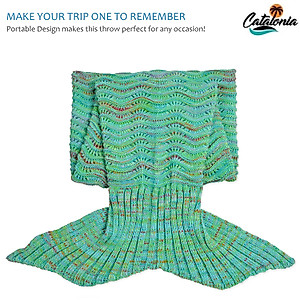 Catalonia Mermaid Tail Blanket with Anti-Slip Neck Strap, Soft Silky Hand Knitted Mermaid Sleeping Blanket for Girls Women Adults Teens All Seasons Sleeping Bag Green 66.5" x 22.5"
