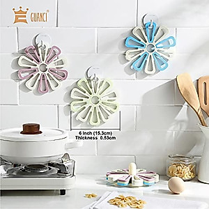 Silicone Trivet Mat 6 PCS with Storage Base, GUANCI Hot Pot Holder Hot Pads for Table & Countertop Set Non-Slip & Heat Resistant Modern Kitchen Hot Pads for Pots & Pans(Pink, Blue and Green)