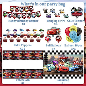 Cars Birthday Party Supplies, Lightning McQueen Cars Birthday Decorations Include Birthday Banner, Foil Balloons, Backdrop, Tablecloth, Cupcake Toppers for Boys Girls