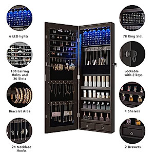 HNEBC Jewelry Organizer with 6 LED Lights, Jewelry Armoire with Mirror, Full Length Mirror Jewelry Cabinet with Jewelry Storage, Wall Mounted/Door Mounted (brown)
