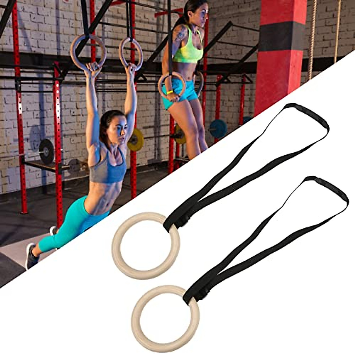 OUKENS Combination Fitness Products Gymnastic Rings, 1 Pair Wooden Gymnastic Rings with Adjustable Buckle Straps 330lbs Capacity for Home Gym
