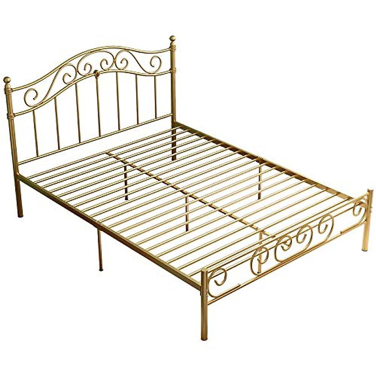 IOTXY King Metal Bed Frame - Gold 12 Inches Complete Bed Platform with Curved Tall Headboard and Shorted Footboard, King-Size Mattress Base Foundation, Garden Style