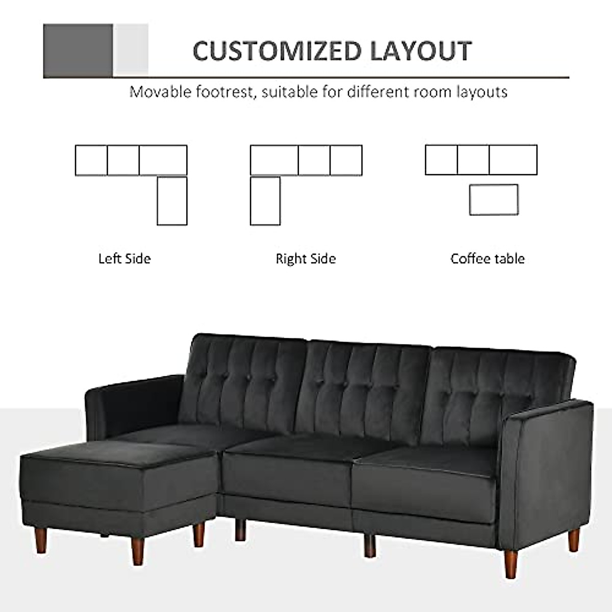 HOMCOM Upholstered L-Shaped Sofa Bed, Reversible Sectional Recliner Sofa Set, Velvet-Touch Sleeper Futon with Footstool, Black