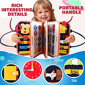 Kerarme Toddler Busy Board, Montessori Toys Busy Book for 1 2 3 4 5 Year Old Toddlers Preschool Learning Activities with Alphabet Numbe, Travel Toys Gifts for Plane Car with Life Skills (Black/3P)