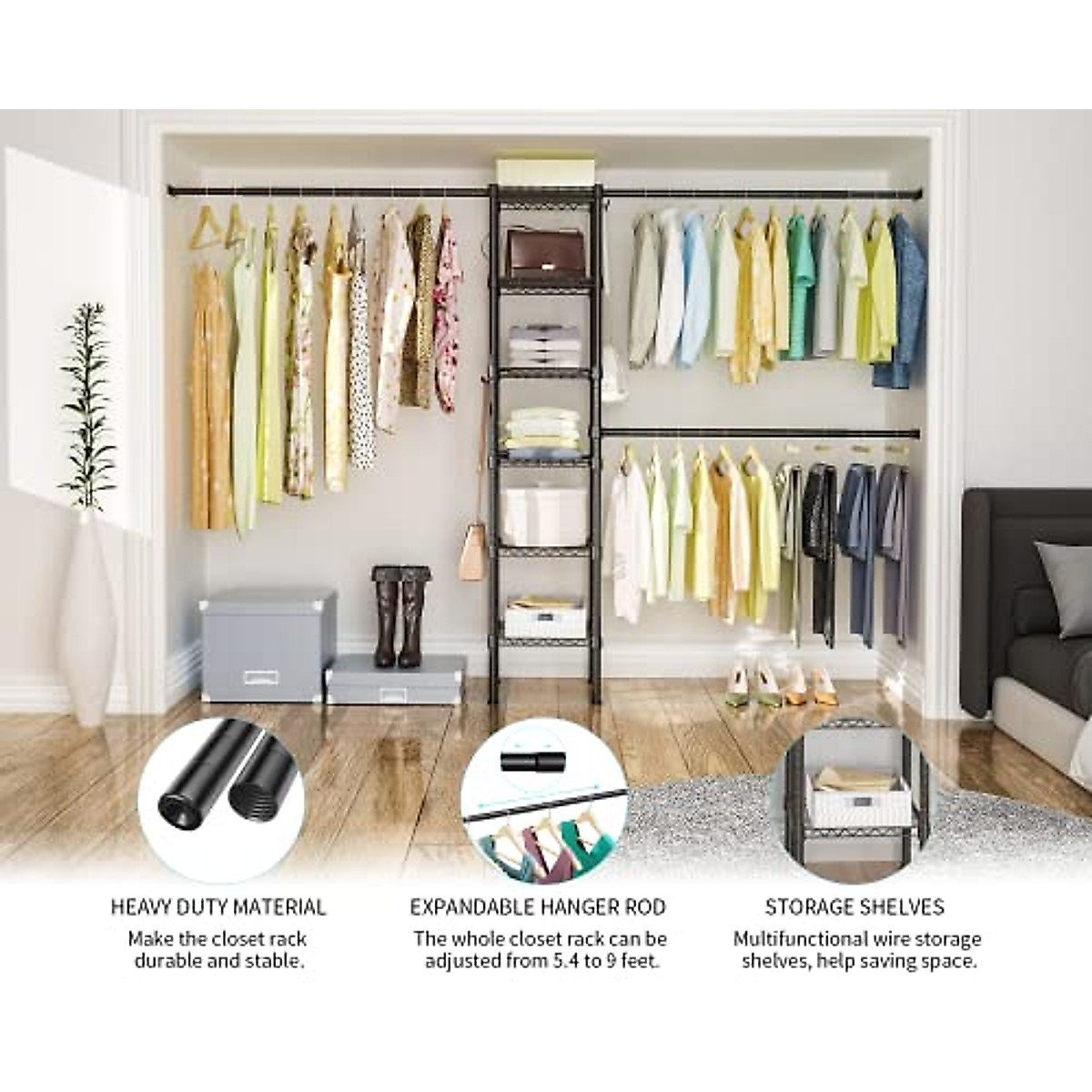 Ulif M1 Closet Storage Organizer System, 6 Tiers Heavy Duty Metal Clothing Garment Rack with 3 Expandable Hanger Rods, Wall Mounted Space Saver Suits from 3.3-8.7 ft. Width, 71.2”H x 14”D, Black