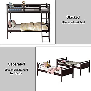 Giantex Twin Over Twin Bunk Bed, Solid Wood Twin Bunk Bed Convertible Into Two Individual Beds, Kids Twin Bunk Bed w/ Ladder & Guard Rail for Boys Girls (Espresso)